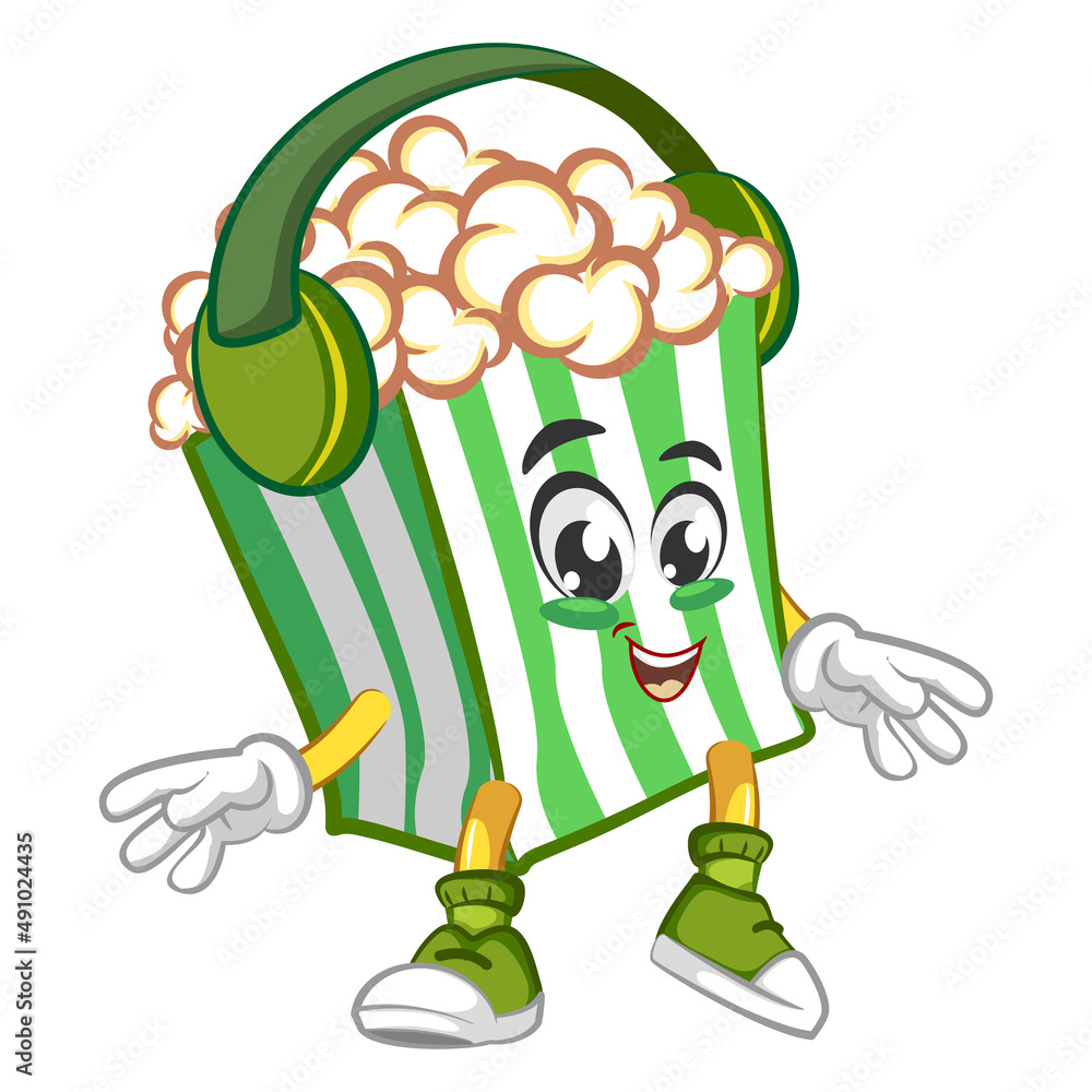 Cute popcorn character with headset. Vector hand drawn cartoon kawaii ...