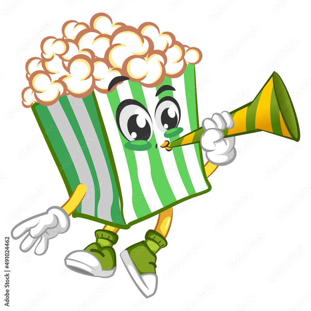 Cute popcorn character playing the party trumpet. Vector hand drawn ...