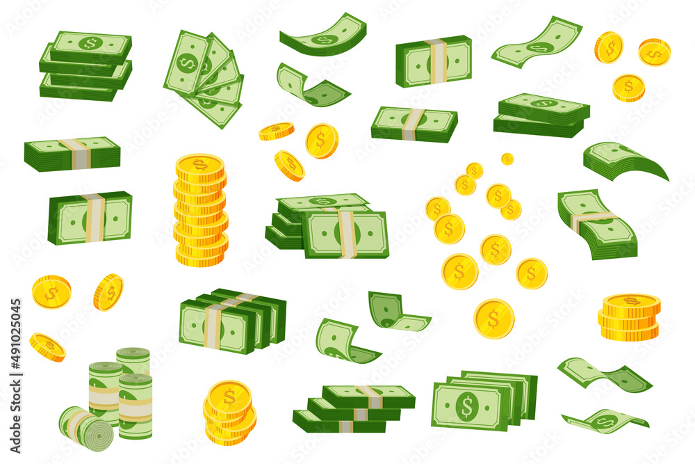 Cash and coins. Cartoon piles and stacks of coins and green banknotes ...