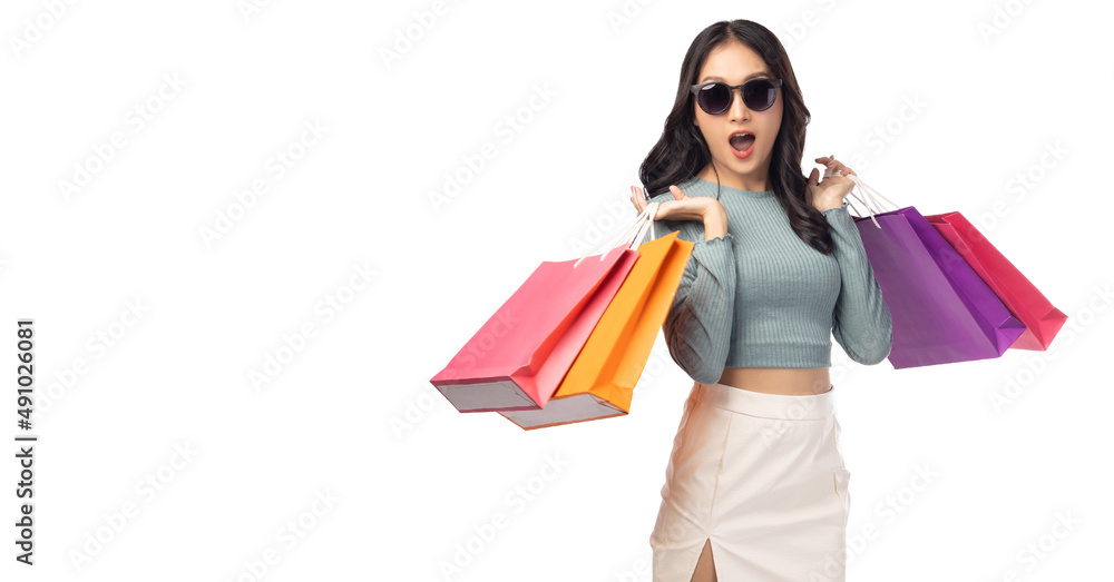 Shopping girl get surprised Surprised happy asian woman open mouth with ...