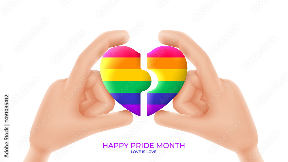 Pride month banner with 3d cartoon hand. 3d cartoon hand holds two ...