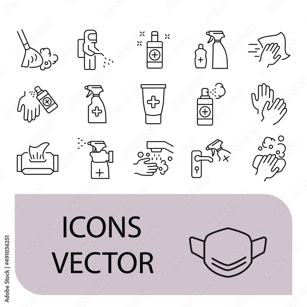 Disinfection and cleaning icons set . Disinfection and cleaning pack ...