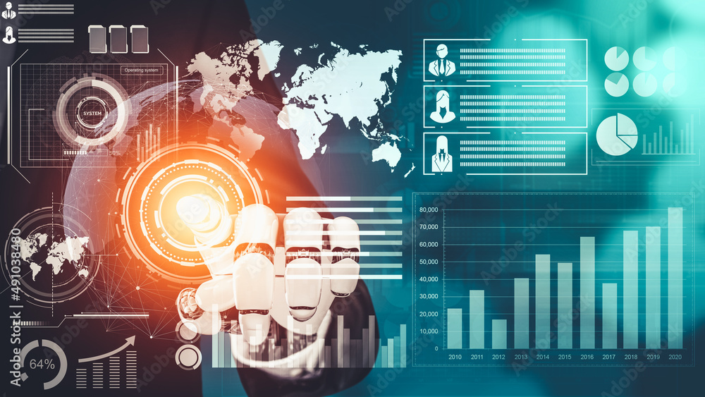 3D rendering futuristic droid robot technology development, artificial ...