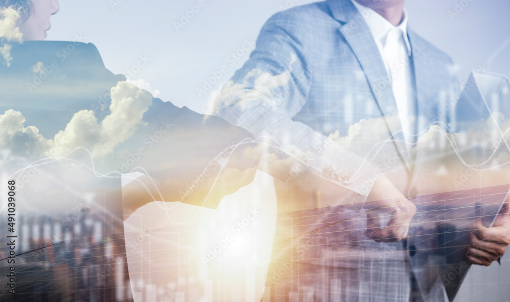 Double exposure of business Partner new normal handshake between a man ...