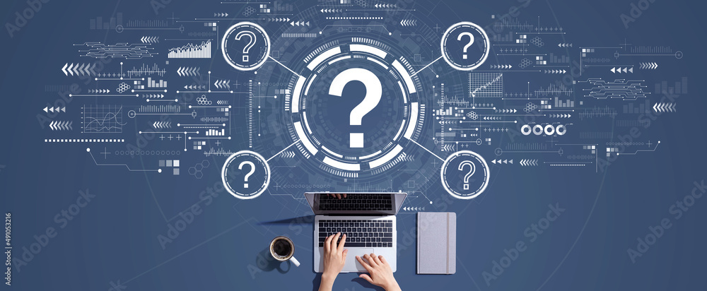 Question marks with person working with a laptop Stock Photo | Adobe Stock