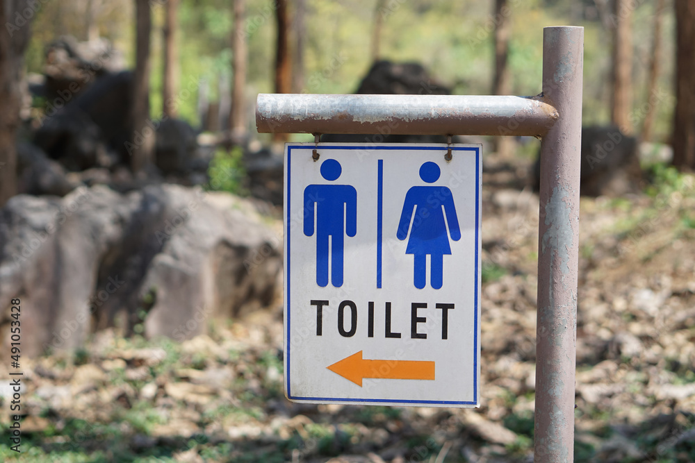 TOILET sign with male ,female and arrow symbols to show the way to ...
