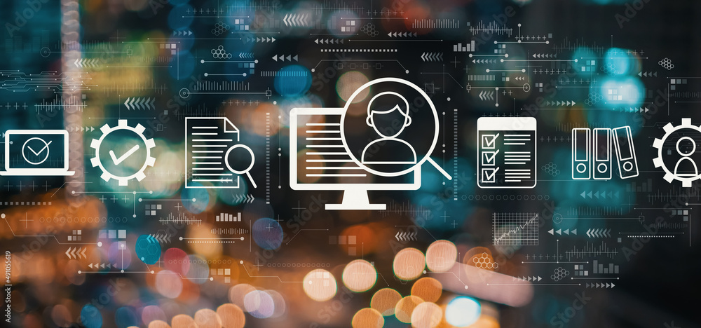 Document management system concept with blurred city abstract lights ...