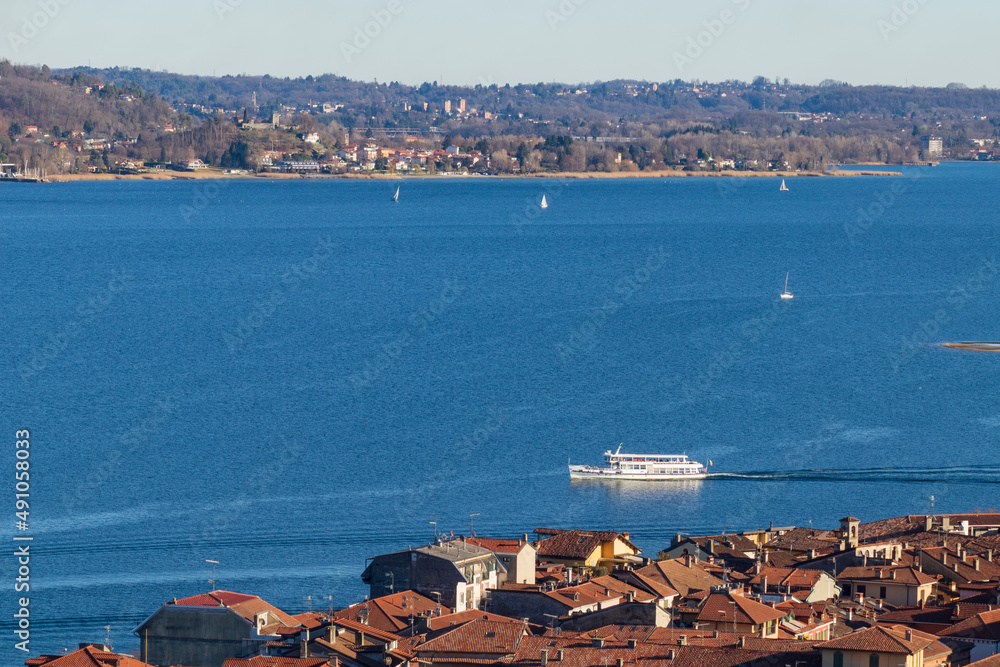 Aerial view of the town of Arona (Piedmont, Italy). The city of Arona ...