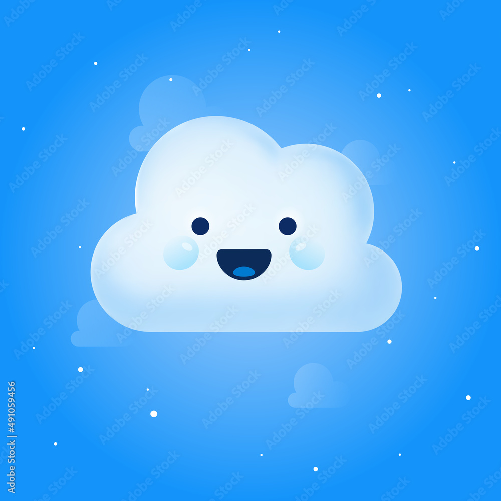 Vector illustration of cute blue cloud character in the starry sky ...