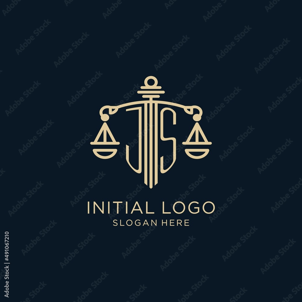 Initial JS logo with shield and scales of justice, luxury and modern ...