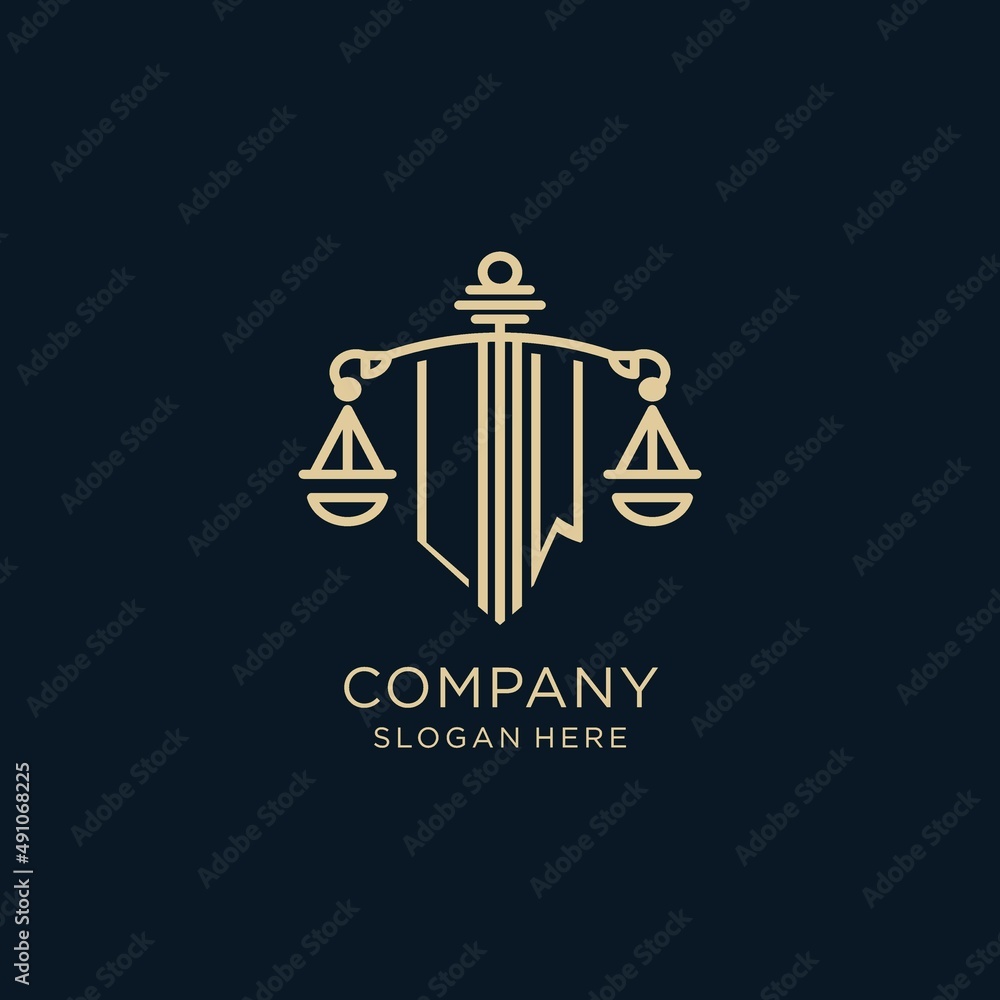 Initial LW logo with shield and scales of justice, luxury and modern ...