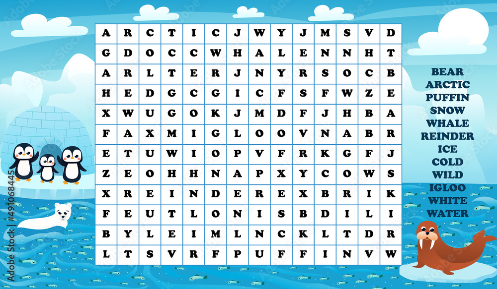 Vetor de Educational word search game for kids with arctic animals ...