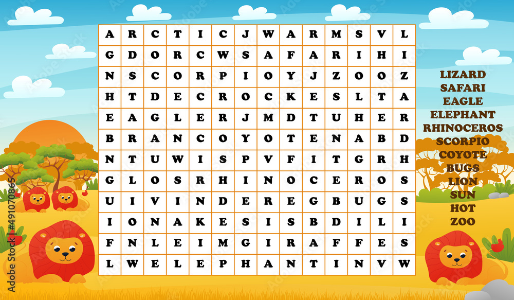 Words search puzzle for kids with african safari animals - lions ...