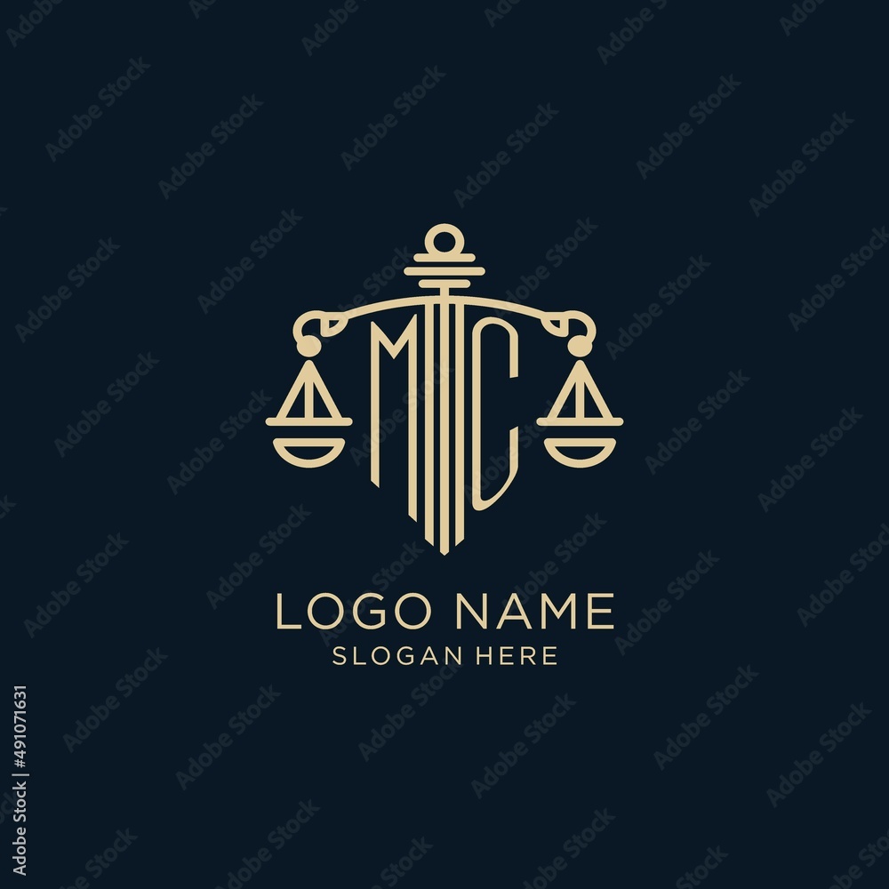 Initial MC logo with shield and scales of justice, luxury and modern ...