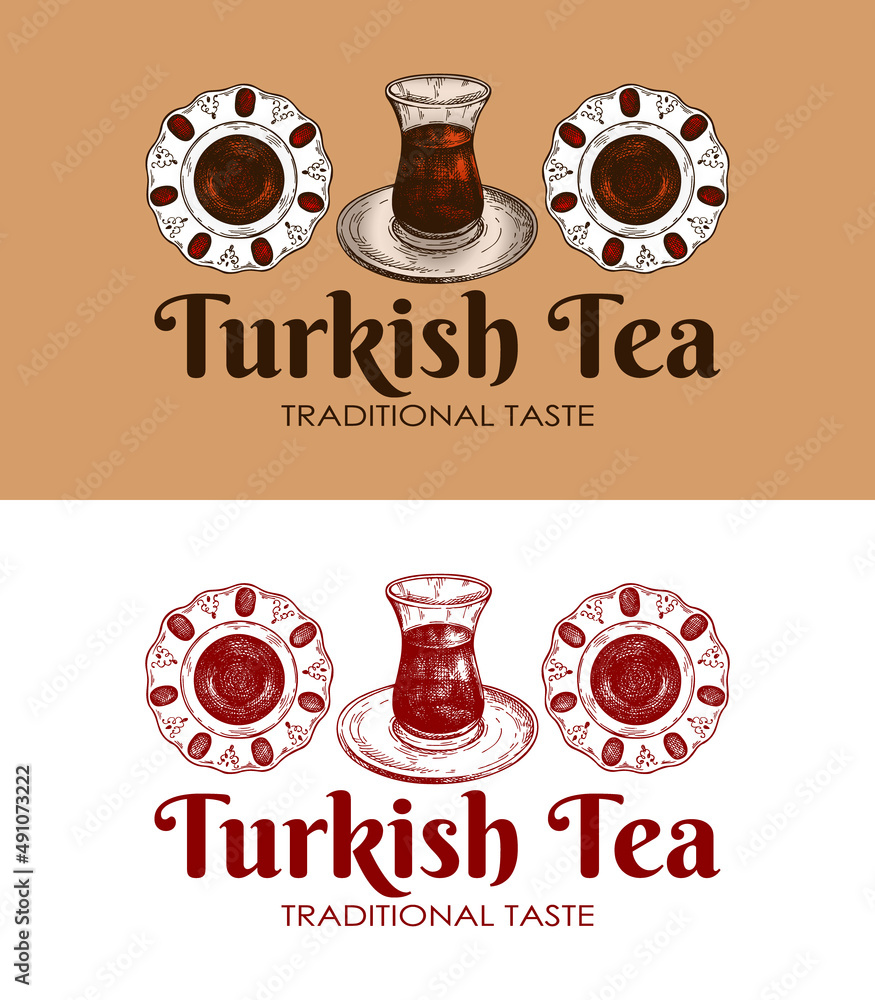 Sketch hand drawn logo of Turkish tea. Outline drawing cup of black tea ...