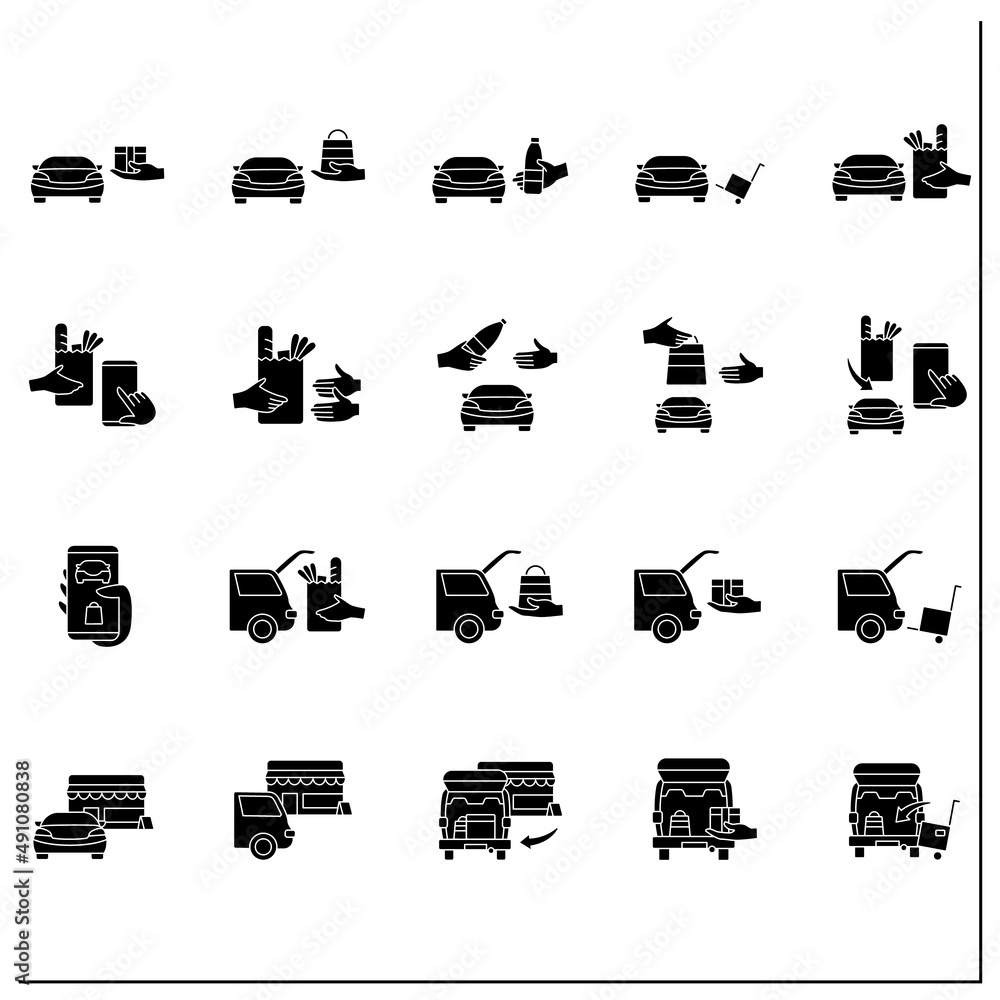 Curbside pickup glyph icons set. Contactless parcel obtaining. Safe way ...