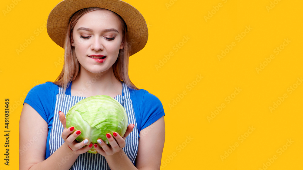 Woman Farmer Holds Cabbage In Her Hands And Licks Her Lips Healthy Food Eat Vegetables You