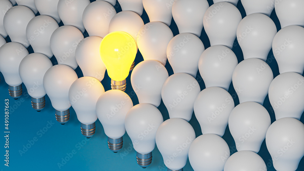 One shiny lightbulb between other lightbulbs, unique person, unique ...