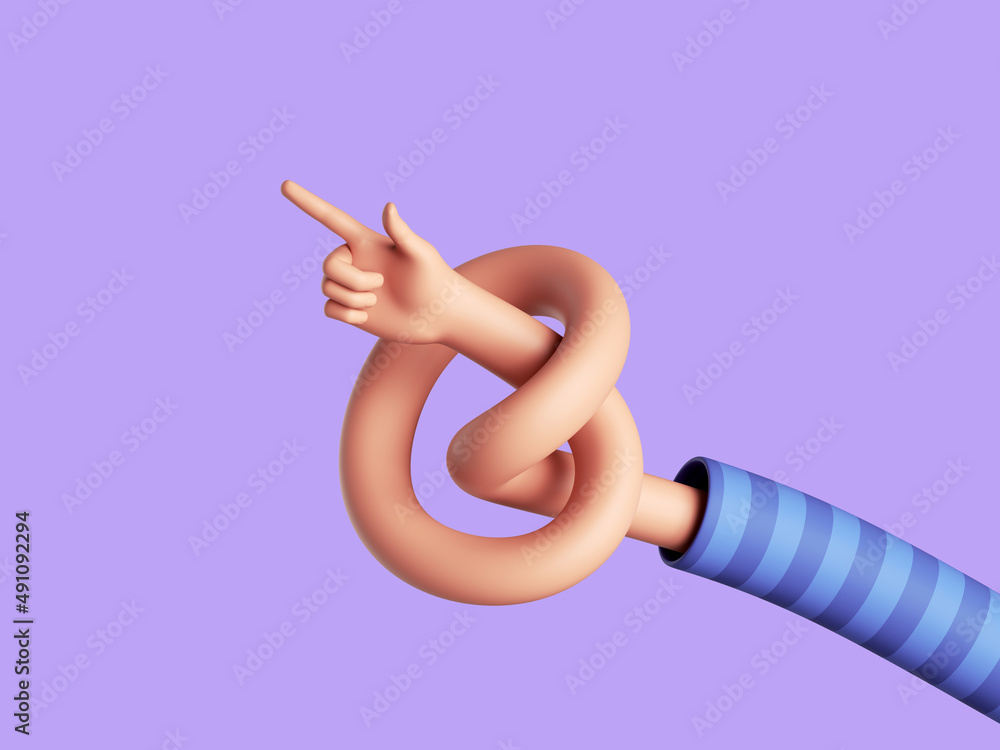 3d render, cartoon character knotted hand shows direction with pointing ...
