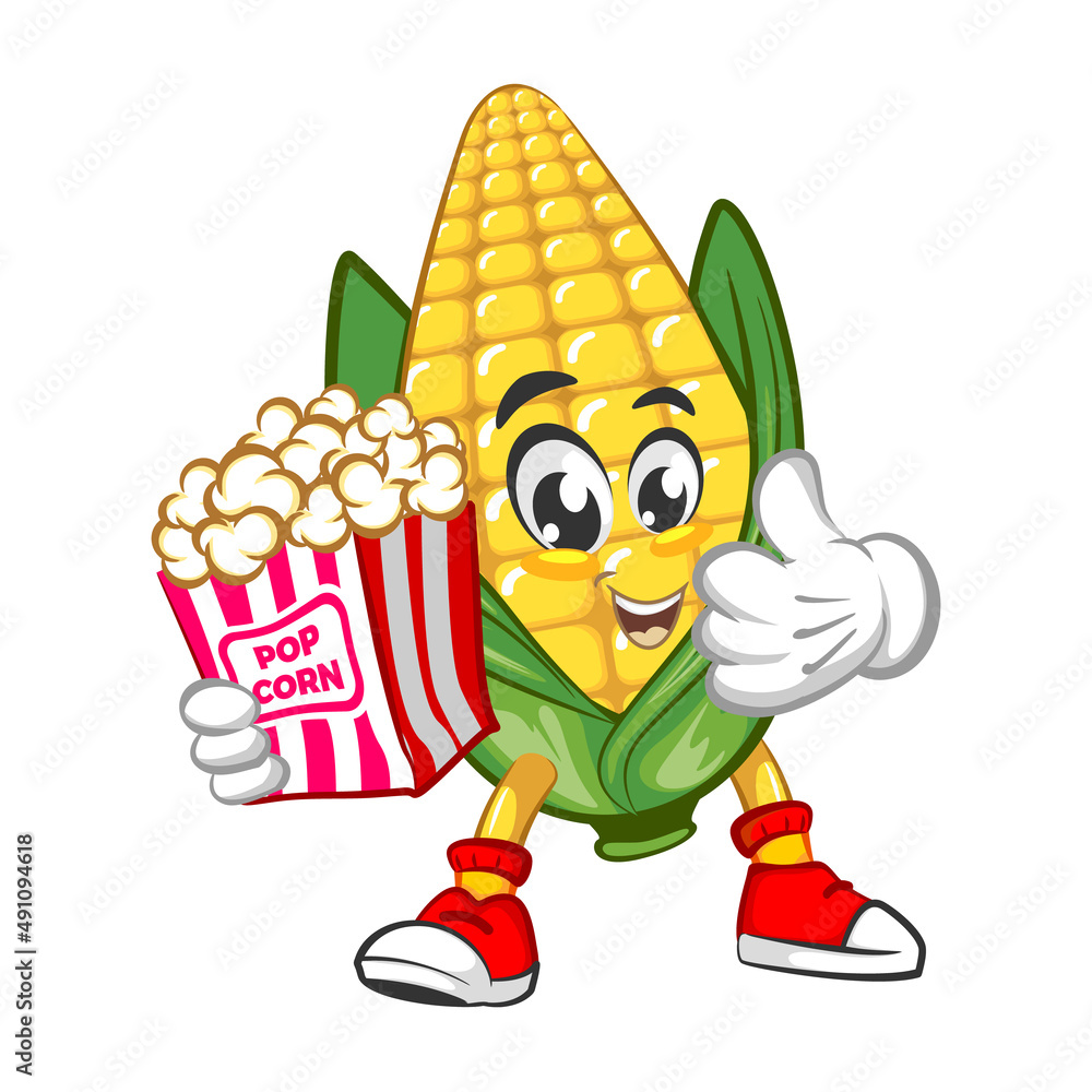 Cute corn character wit popcorn. Vector hand drawn cartoon kawaii ...