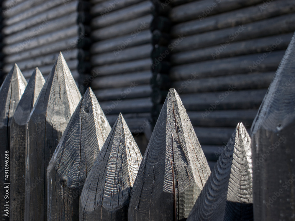 Pointed logs fence. A fence made of logs on a blurred background of an ...