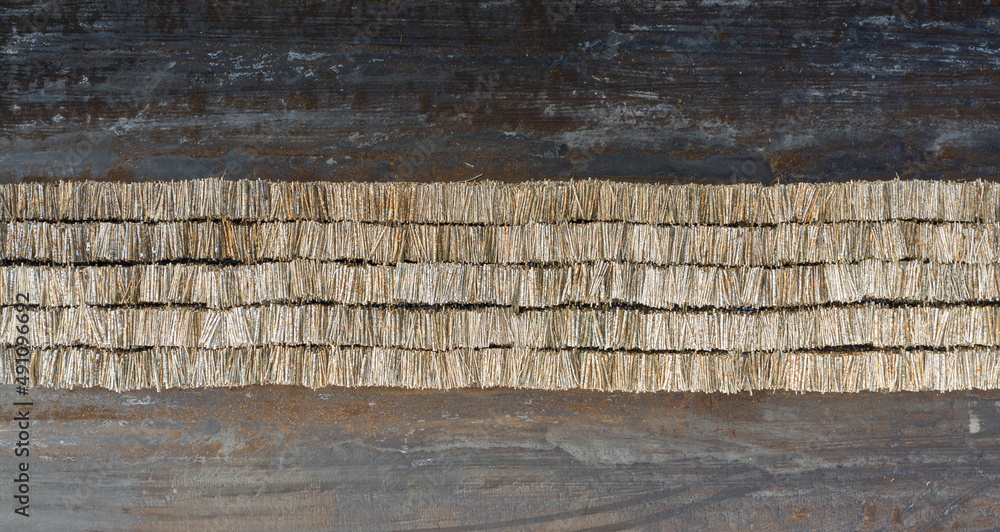 Aerial top down view to the large piles of wood timber on the storage ...