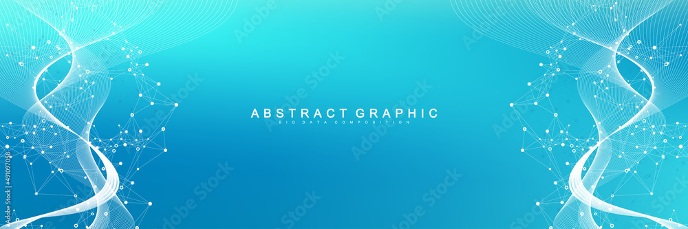 Digits abstract background with connected line and dots, wave flow ...