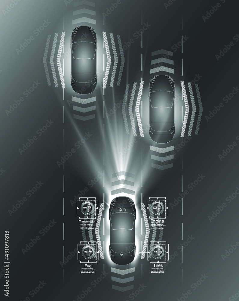 Car interface in HUD, GUI, UI style. Automotive sensing system concept ...