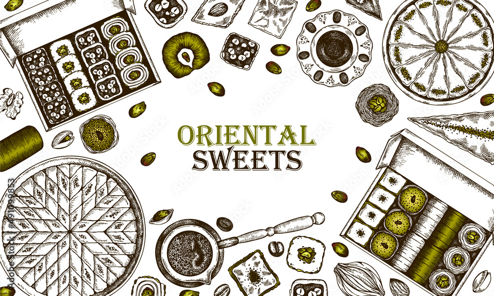 Vecteur Stock Sketch drawing poster of pistachio Oriental Sweets ...