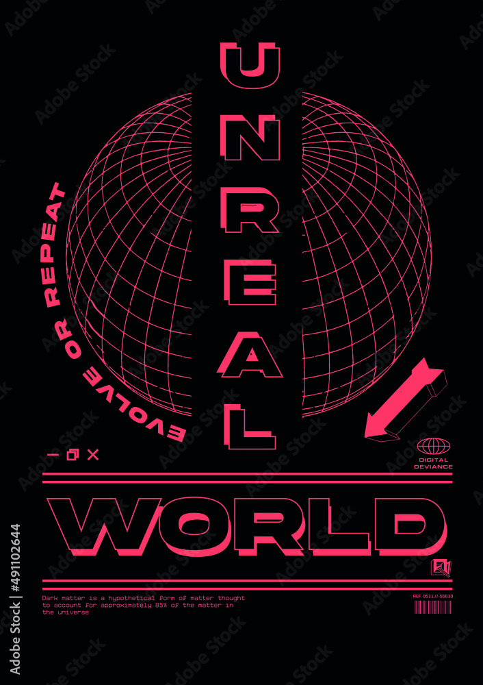 Unreal text with wireframe globe vector design for tee and poster Stock ...