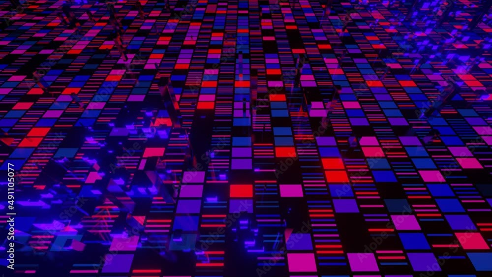 4k looped animation. Flight over hi tech pattern on plane surface, neon ...