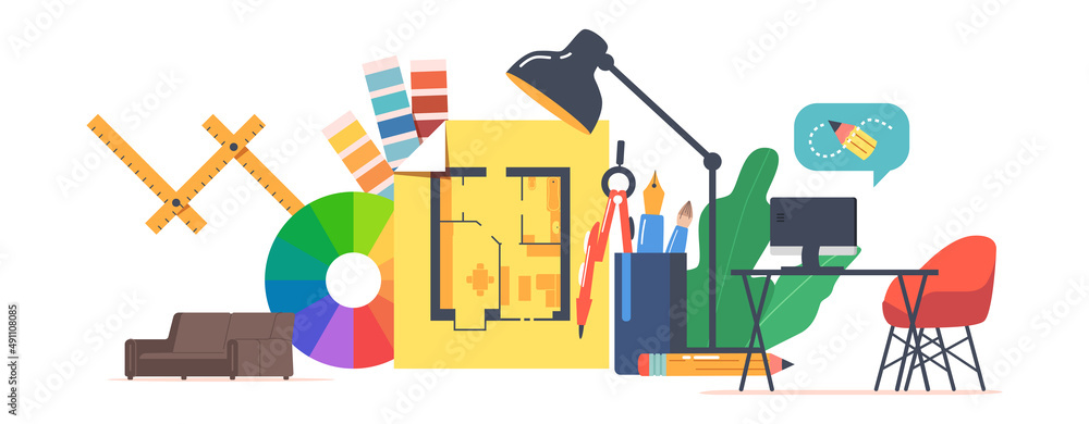 Graphic Designer Creative Studio Interior with Huge Home Plan with Room ...