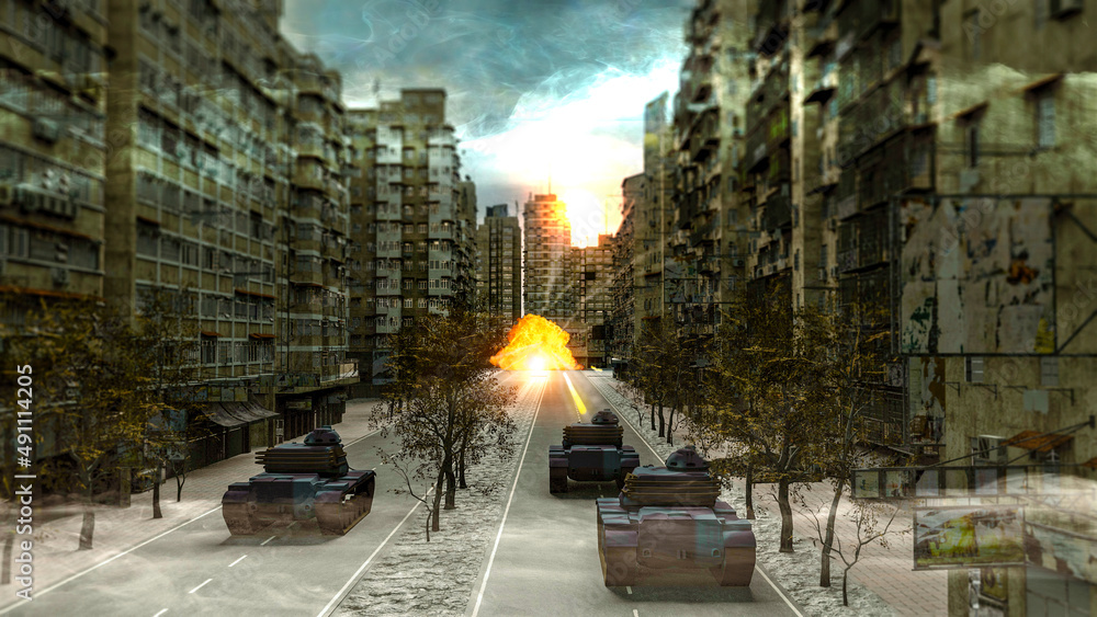 War scene, tanks and air strikes, missiles and cannon shots. Advance of ...