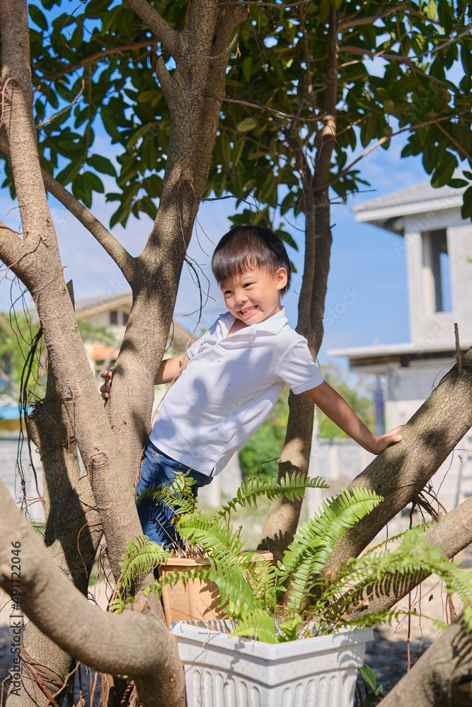 Cute Asian kindergarten boy child having fun facing challenge, trying ...