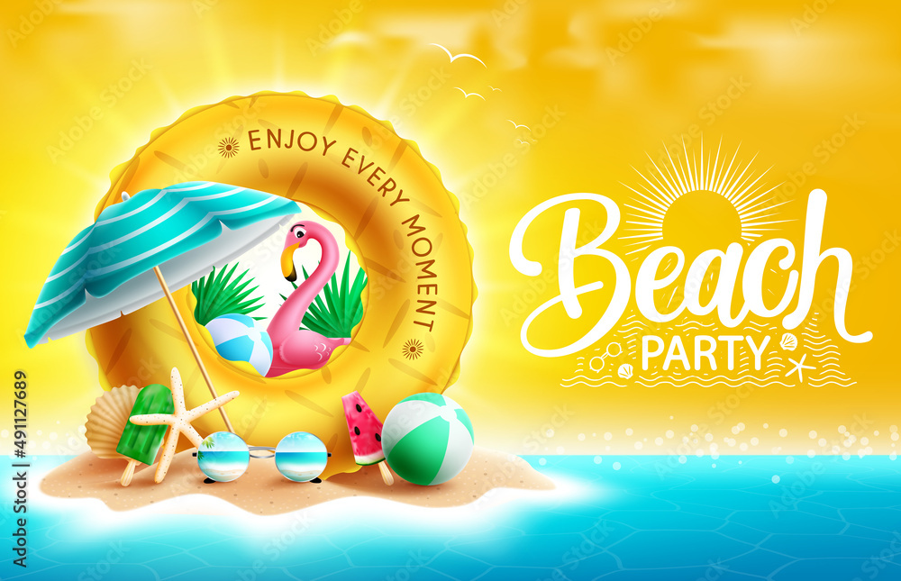 Summer beach party vector design. Beach party text in miniature island ...