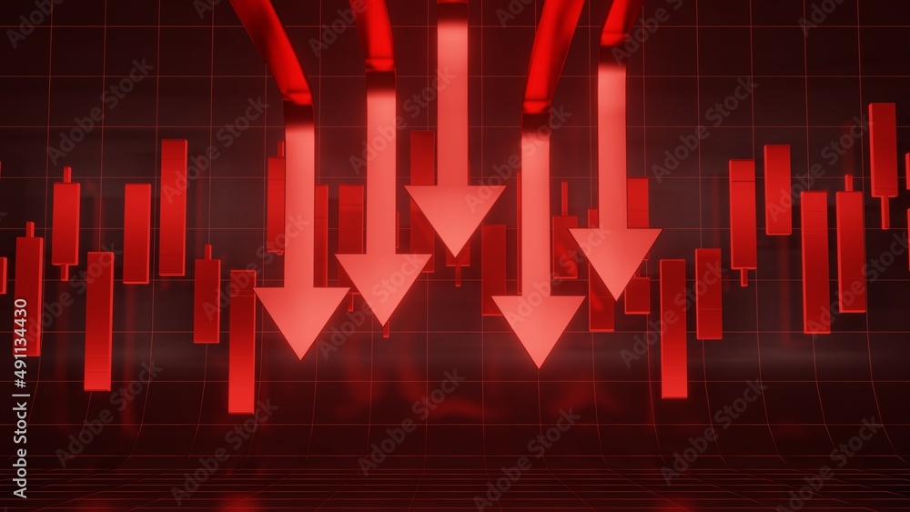 3D Rendering of Red stock market graph dropping down dramatically ...