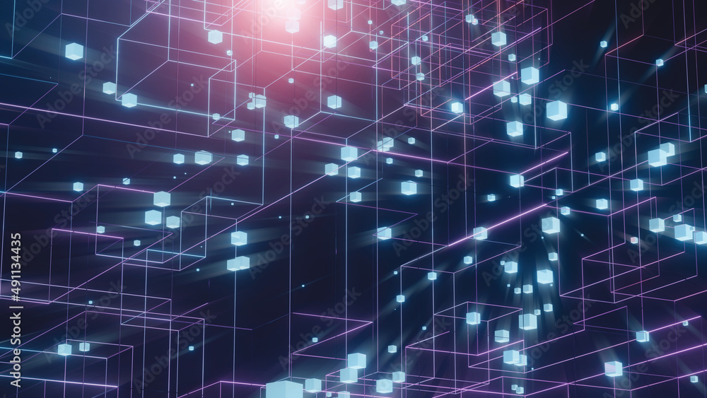 3D Rendering of abstract technology background. Blocks and glowing ...