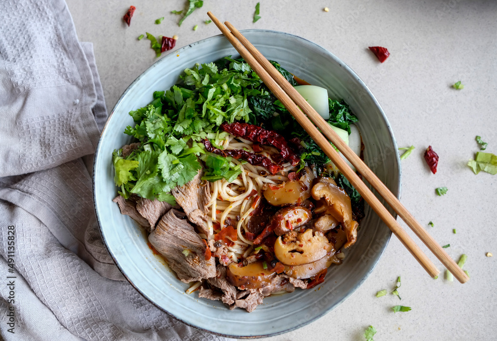 Homemade Sichuan cuisine. Spicy Sichuan Mala Beef Noodle Soup. Very ...