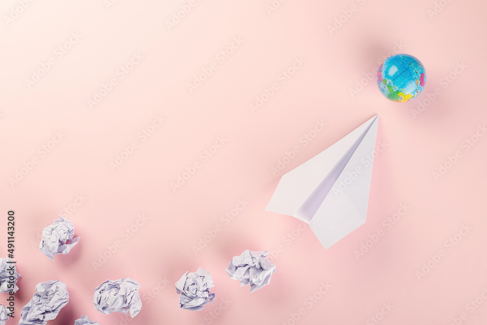 Paper plane tourism. Top view mock up design of airplane travel and ...
