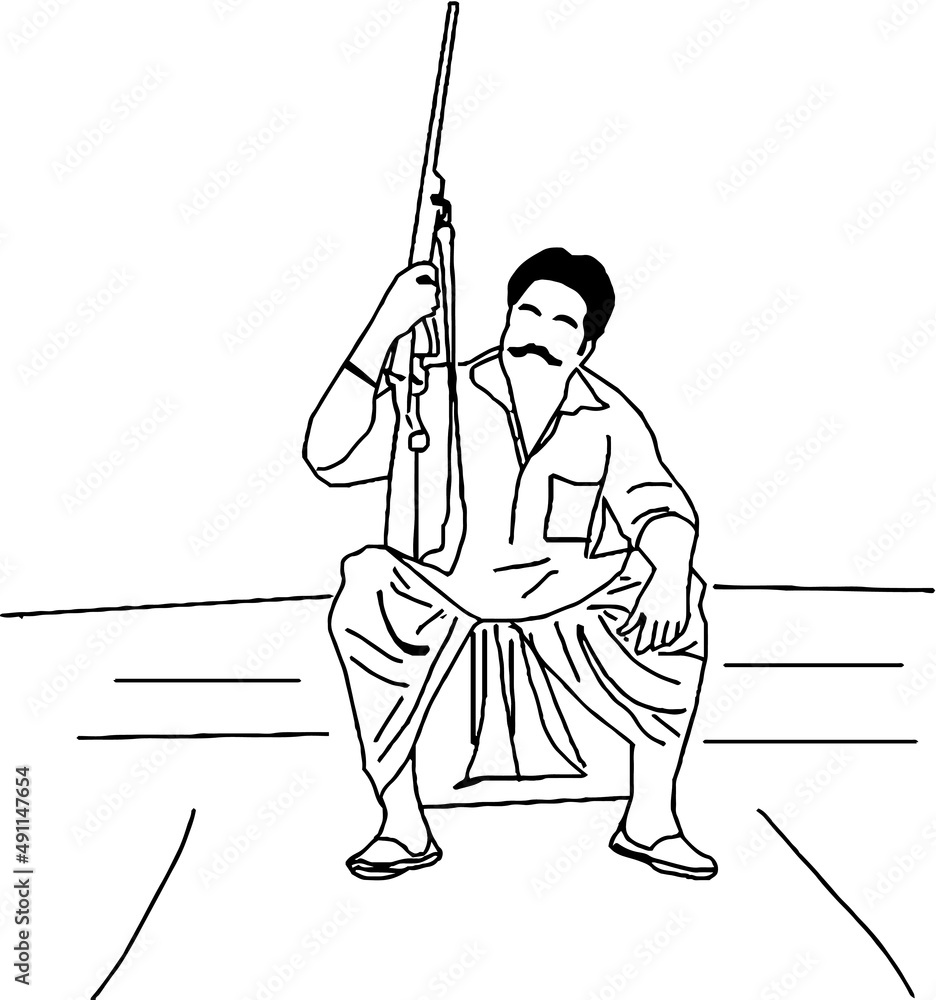 Line art illustration of Punjabi man holding gun sitting in aggressive ...