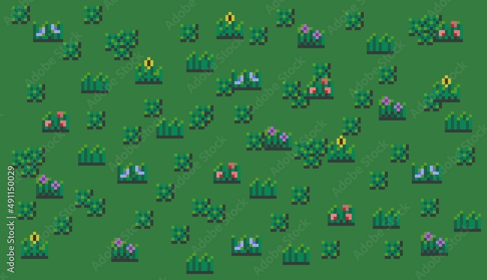 Pixel art green park with grass and flowers. Green grass background ...