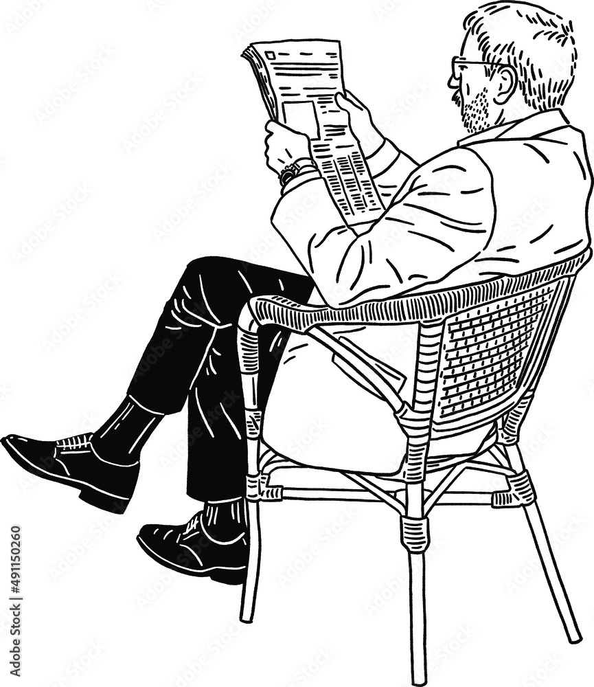 Old Man reading newspapers Senior Business People lifestyle Hand drawn ...