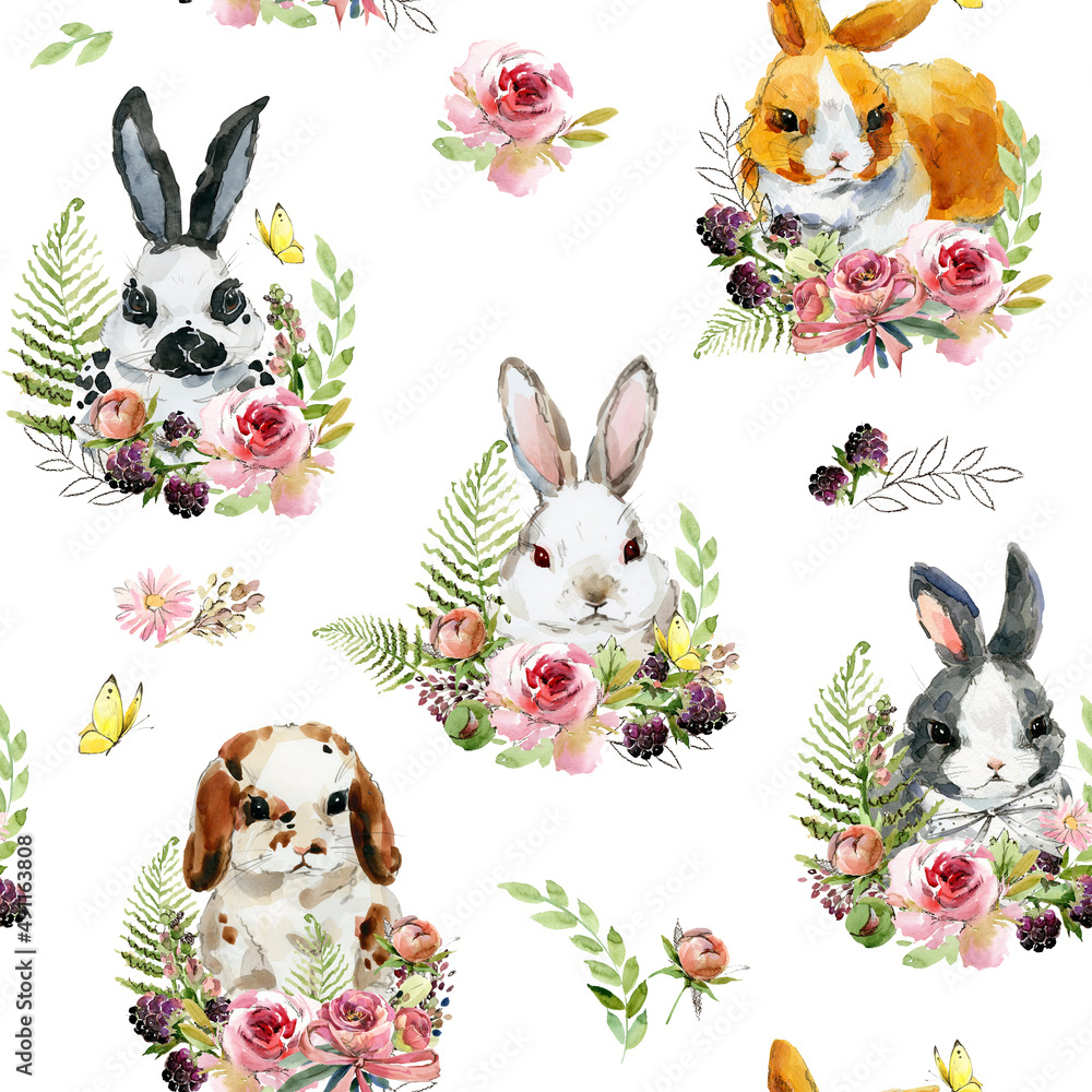 cartoon rabbit seamless pattern. domestic animal illustration. cute ...