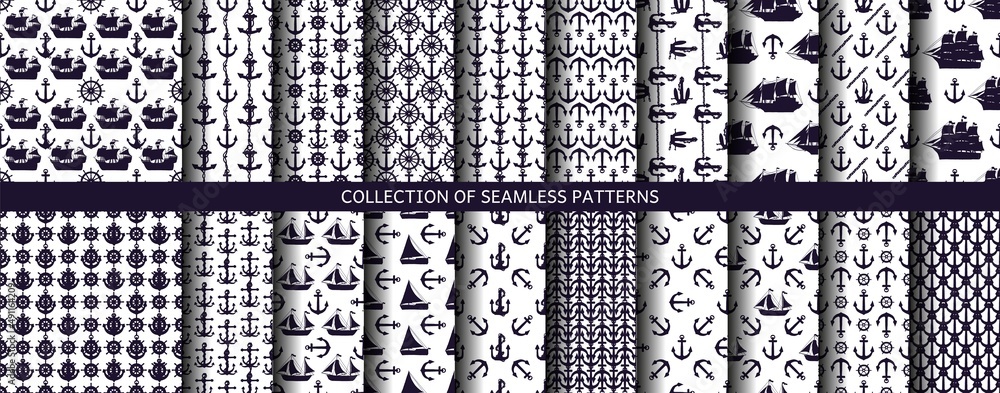 Set seamless pattern of silhouette ships, anchors and steering-wheel ...