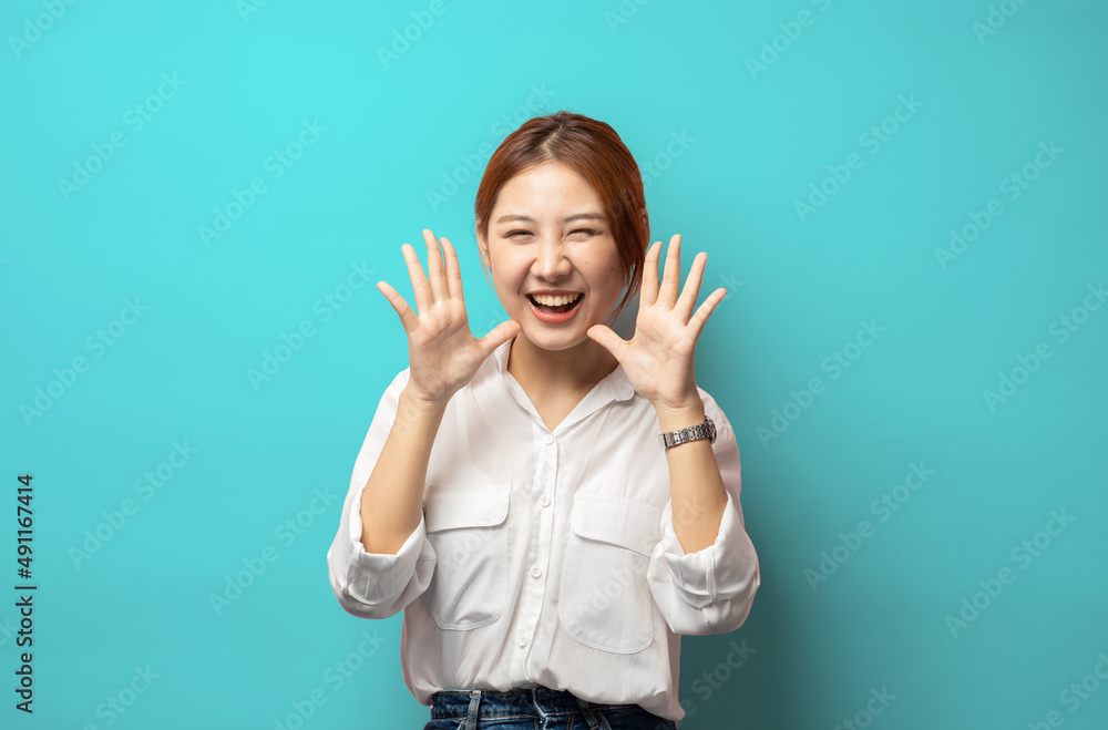Emotive excited screaming asian girl yell about amazing shocking ...
