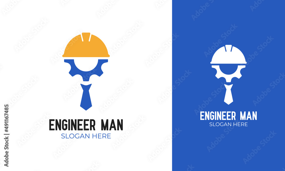 Engineer man logo design with helmet, gear, and tie vector illustration ...