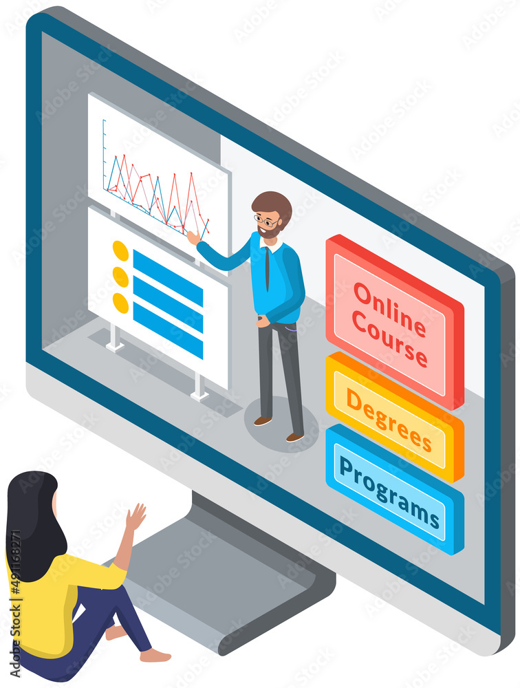Online training cources. E-learning concept. Female cartoon character ... Online training cources. E-learning concept. Female cartoon character ...