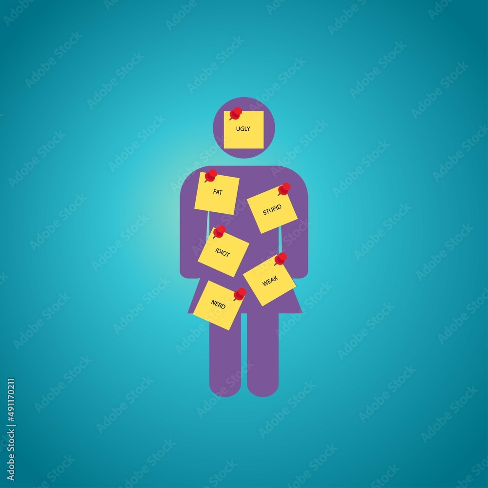 Symbol of a girl with sticky notes with bad words on her, bullying ...