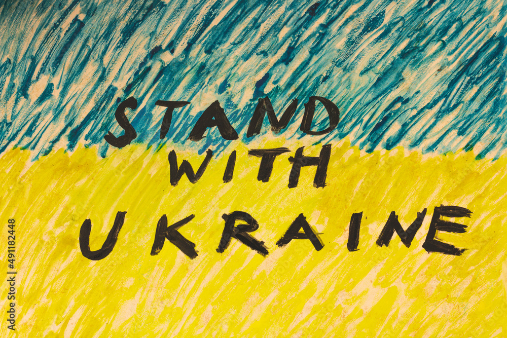 background in colors of Ukrainian flag and inscription Stand with ...