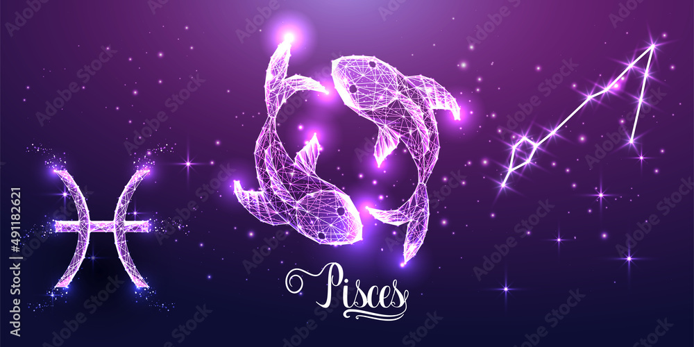 Futuristic Pisces zodiac sign on dark purple background. Glowing low ...